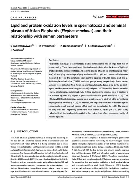 Pdf Lipid And Protein Oxidation Levels In Spermatozoa And Seminal Plasma Of Asian Elephants