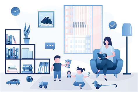 아이들은 거실에서 놀아요 아이들과 시간을 보내는 어머니 어린 아이들은 장난감을 가지고 놀아요 객실 인테리어 가구 육아 개념 엄마는 안락의자에 앉아 책을 읽는다 가구에 대한