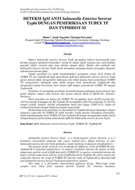 Pdf Deteksi Igm Anti Salmonella Enterica Serovar Typhi Dengan