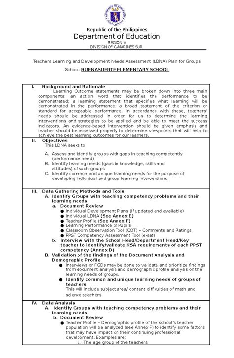 Teachers Learning And Development Needs Assessment Ldna Plan For Groups Background And