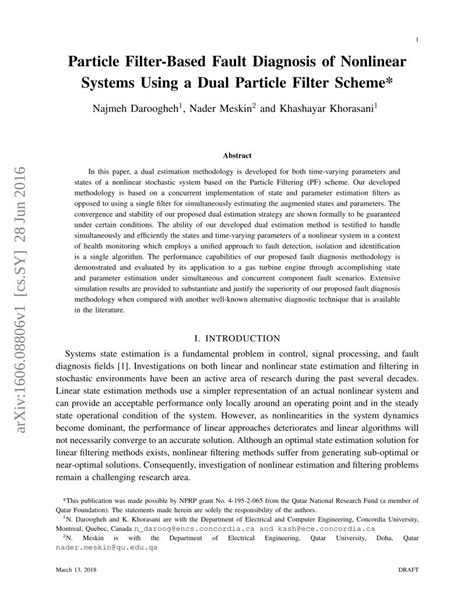 Pdf 1 Particle Filter Based Fault Diagnosis Of Nonlinear Particle