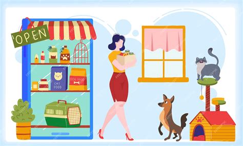 Tienda De Mascotas Plana Vector Ilustración Dibujos Animados Mujer