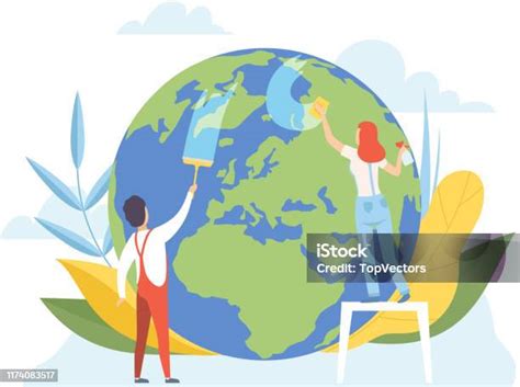 청소 장비로 지구 행성을 청소하는 남자와 여자 지구 생태학 환경 자연 보호 플랫 벡터 일러스트레이션에 대해 돌보는 자원 봉사자 개념에 대한 스톡 벡터 아트 및 기타 이미지