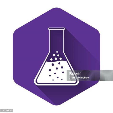 백색 시험관 및 플라스크 긴 그림자로 분리된 화학 실험실 시험 아이콘 보라색 육각 버튼 벡터 일러스트레이션 개발에 대한 스톡 벡터 아트 및 기타 이미지 Istock