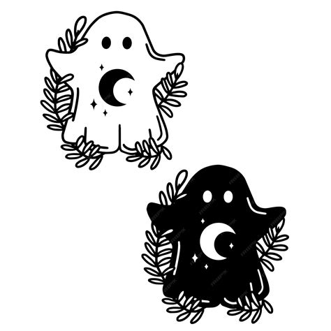 Premium Vector Minimalistic Lined Ghosts With Moons And Plants