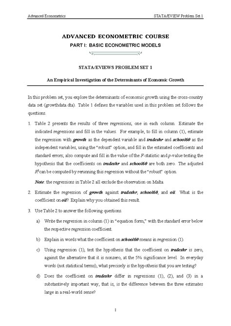 Stata Eview Problem Set 1 ADVANCED ECONOMETRIC COURSE PART I BASIC ECONOMETRIC MODELS Studocu