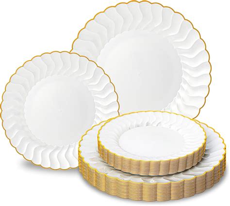 White Plastic Plates With Scalloped Gold Rim Heavy Duty Reusable