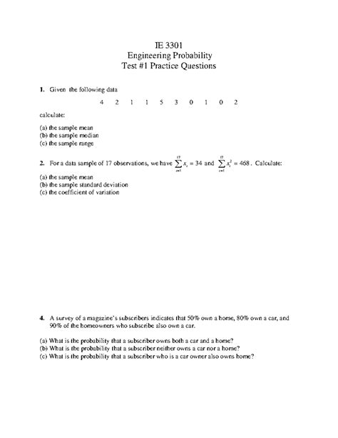 Exam 1 Practice Problems IE 3301 Engineering Probability Test 1 Practice Questions 1 Given