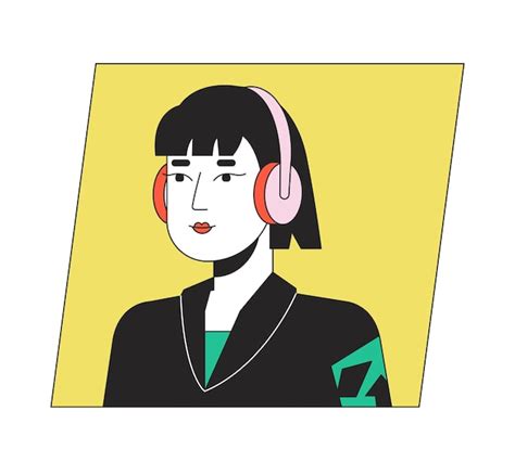 헤드폰 플랫 컬러 만화 아바타 아이콘 귀여운 아시아 여자 귀여운 헤어 스타일 편집 가능한 2d 사용자 초상화 선형 그림 격리 된