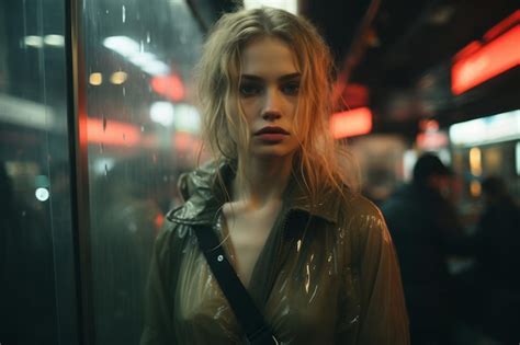Premium Photo A Woman Standing In Front Of A Subway Train At Night