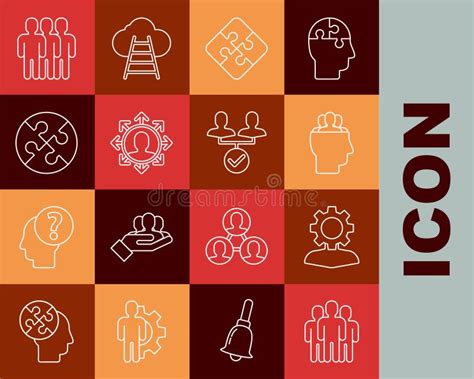 Set Line Users Group Human With Gear Inside Project Team Base Piece Of Puzzle And Icon