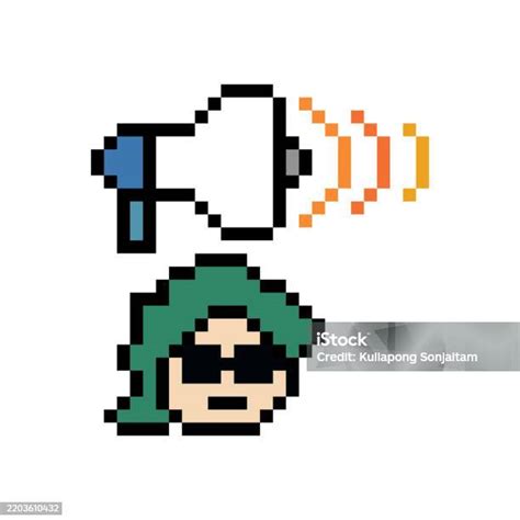 픽셀 아트 귀여운 만화 캐릭터 메가폰과 남자 발표 스피커 정보 장식 8 비트 남성 소년 메가폰 만화 픽셀 게임 벡터를 발표합니다 광고에 대한 스톡 벡터 아트 및 기타 이미지