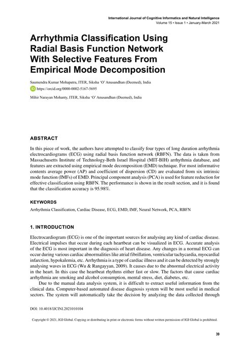 Pdf Arrhythmia Classification Using Radial Basis Function Network With Selective Features From