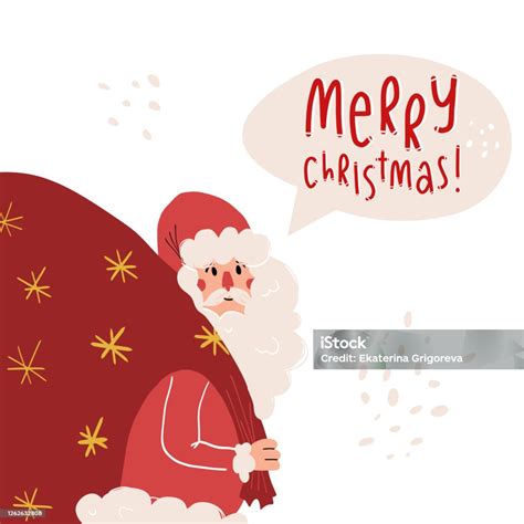 귀여운 손은 수염과 거대한 가방과 함께 산타 클로스와 선물과 메리 크리스마스 글자 인사말 텍스트와 함께 그린 음성 구름에 격리된