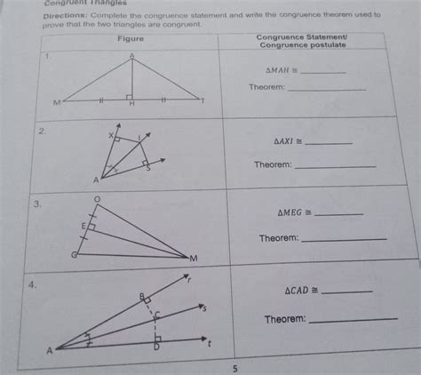 Solved: Congruent Triangles Directions: Complete the congruence statement and write the ...