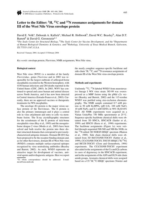 Pdf 1h 13c And 15n Resonance Assignments For Domain Iii Of The West