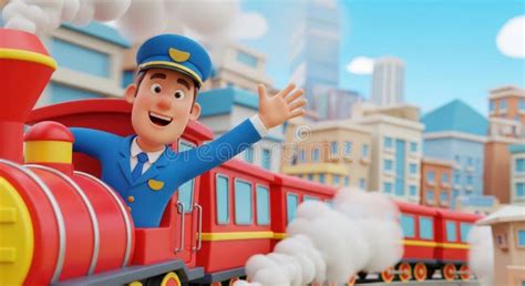 Cartoon Train Conductor Waving In A Cityscape Stock Illustration