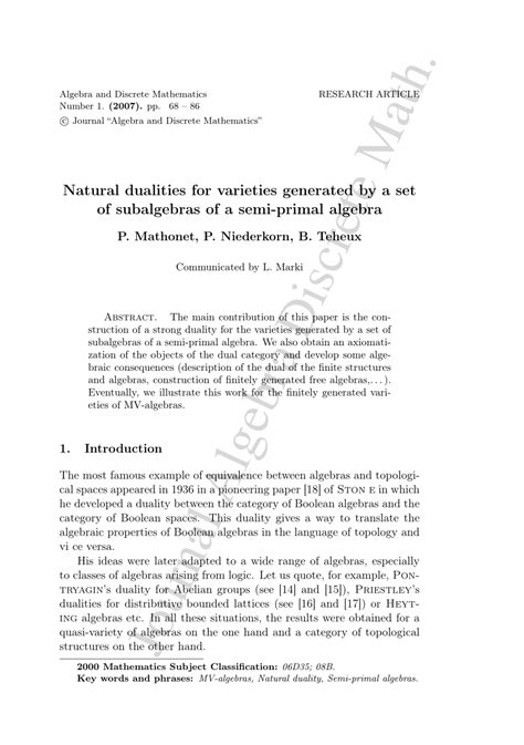 Pdf Natural Dualities For Varieties Generated By A Set Of Subalgebras Of A Semi Primal Algebra