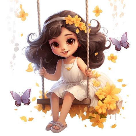 Premium Photo Cartoon Girl Sitting On A Swing With Flowers And Butterflies Generative Ai
