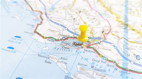 A Yellow Pin Stuck In Split On A Map Of Croatia Stock Image Image Of