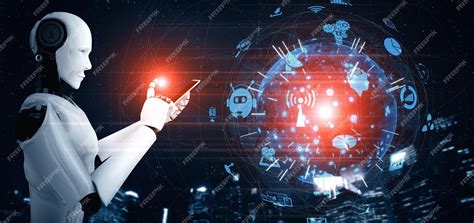 Premium Photo Xai Robot Humanoid Use Mobile Phone Or Tablet For Global Network Connection