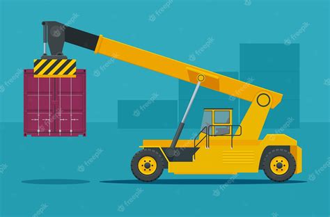 컨테이너 터미널에서 작동 중인 모바일 컨테이너 핸들러 크레인 리프트 컨테이너 처리기 격리 된 벡터 일러스트 레이 션 프리미엄 벡터