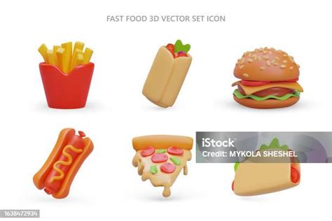 3d 패스트푸드 아이콘 집합입니다 감자튀김 샤와르마 햄버거 핫도그 피자 타코 이미지 3차원 형태에 대한 스톡 벡터 아트 및 기타 이미지 Istock