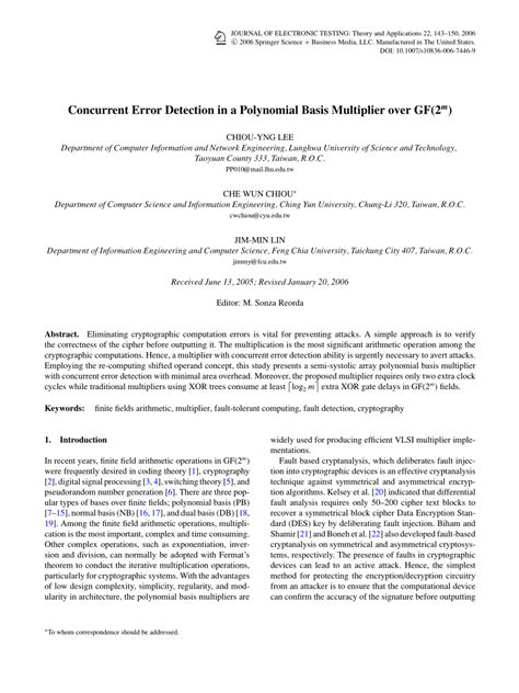 Pdf Concurrent Error Detection In A Polynomial Basis Multiplier Over Gf2