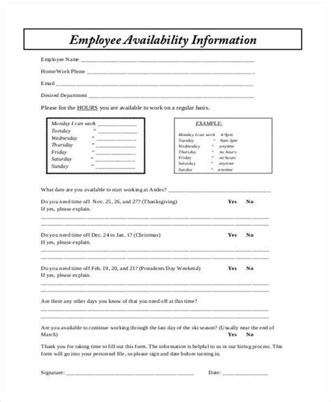 Free 9 Sample Employee Availability Forms In Pdf Ms Word