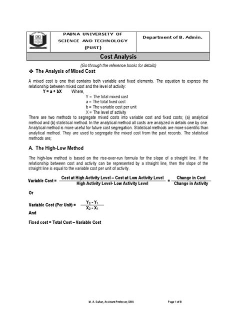 Lecture On Cost Analysis Pdf Least Squares Variable Mathematics