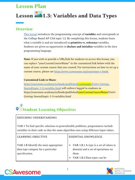 Unit 1 Lesson 3 Variables And Data Types Lesson Plan Exemplar Pdf