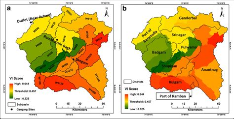 a sub basins wise vulnerability index vi score map and b vulnerable