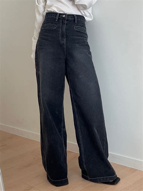 하이웨스트 포켓 절개 중청흑청 워싱 통 와이드 데님 팬츠 S L Size 에이블리