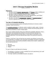 Unit Discrete Probability Models Partial Lecture Notes Discrete Probability Models Unit