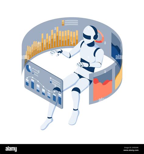Flat 3d Isometric Ai Robot Floating And Analyse Virtual Business Graph