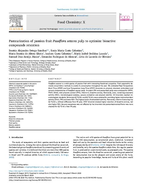 Pasteurization Of Passion Fruit Passiflora Setacea Pulp To Optimize