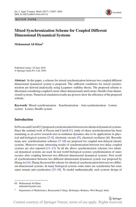 Mixed Synchronization Scheme For Coupled Different Dimensional Dynamical Systems Request Pdf