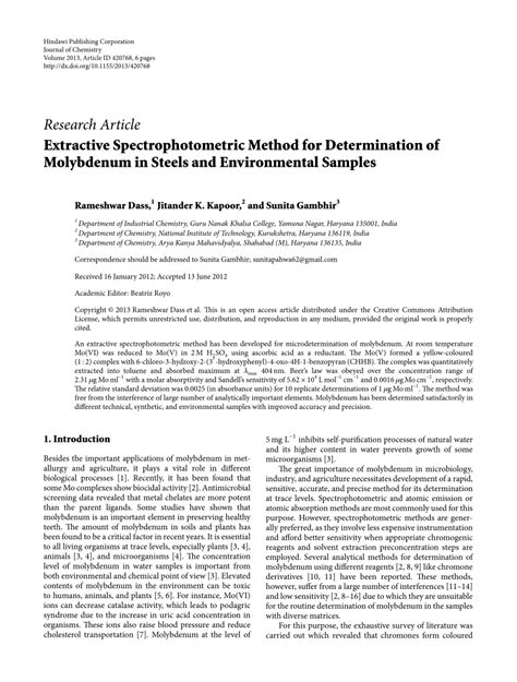 Pdf Extractive Spectrophotometric Method For Determination Of Molybdenum In Steels And