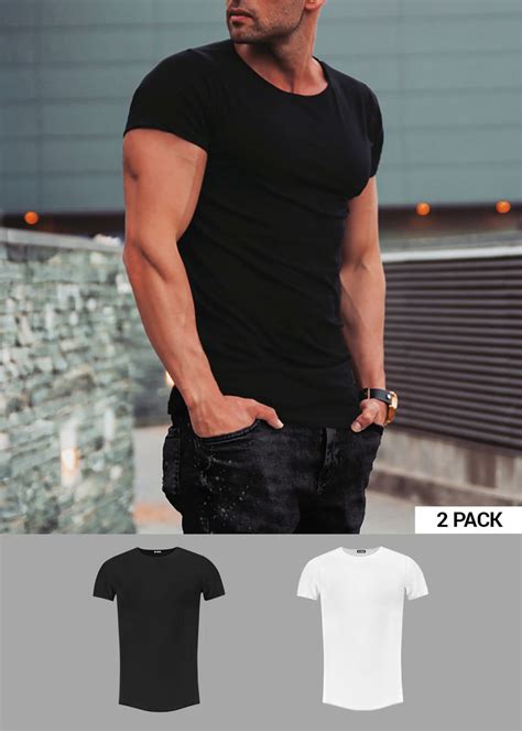 2 Pack Black And White Mens Plain Round Neck T Shirt Longline Rb Design Store