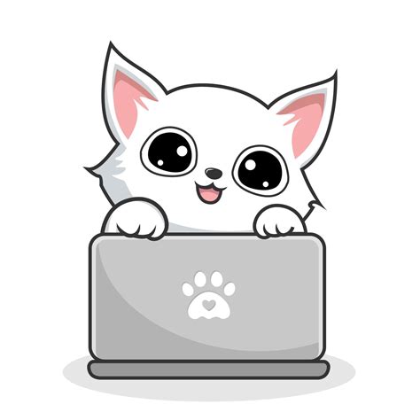 White Cat Playing Laptop Notebook Cute White Pussy Cat Kawaii Vector Art At Vecteezy