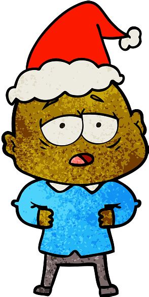 산타 모자를 쓰고 피곤한 대머리 남자의 손으로 그린 질감 만화 기진맥진에 대한 스톡 벡터 아트 및 기타 이미지 기진맥진 낙서 드로잉 남자 Istock