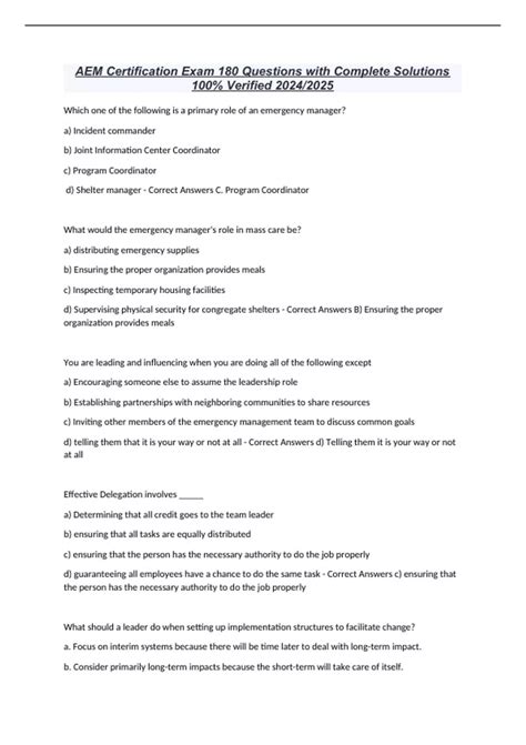 Aem Certification Exam 180 Questions With Complete Solutions 100