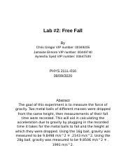 Lab 2 Free Fall Docx Lab 2 Free Fall By Chris Gregar VIP Number 00349205 Jamaine Elmore