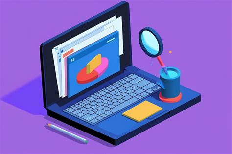 Flat 3d Isometric Laptop Computer With Folders And Magnifying Glass On