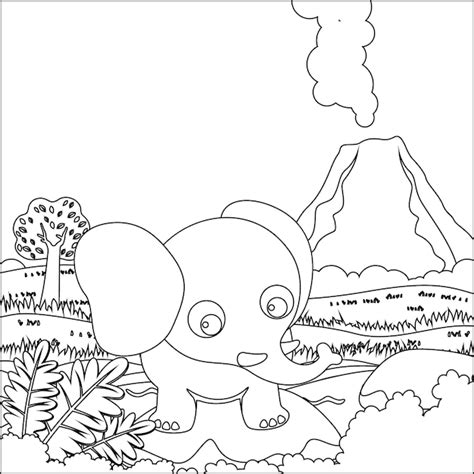 정글 색칠 공부 또는 페이지에서 귀여운 작은 코끼리 놀이의 벡터 만화 그림 프리미엄 벡터