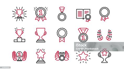어워드 라인 아이콘입니다 우승자 메달 승리 컵 및 트로피 보상 선형 아이콘 집합입니다 벡터 Championship에 대한 스톡