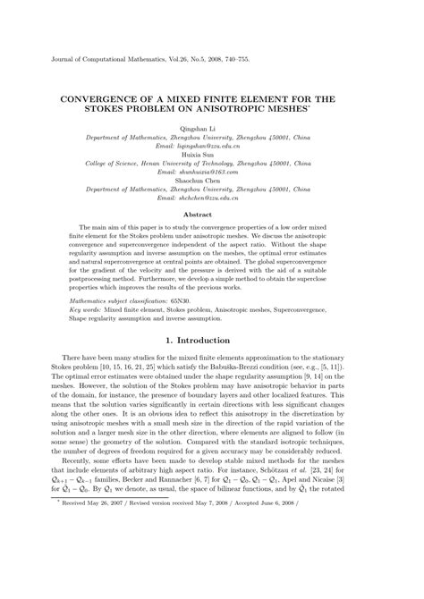 Pdf Convergence Of A Mixed Finite Element For The Stokes Problem On Anisotropic Meshes