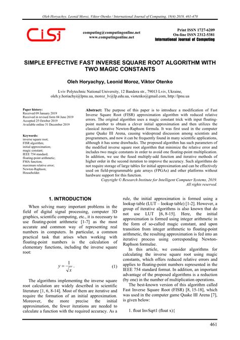 pdf simple effective fast inverse square root algorithm with two