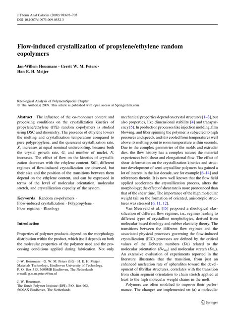 Pdf Flow Induced Crystallization Of Propyleneethylene Random Copolymers