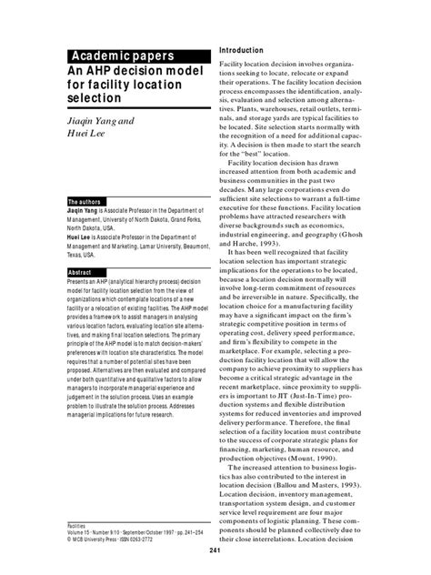 An Ahp Decision Model For Facility Location Selection Pdf